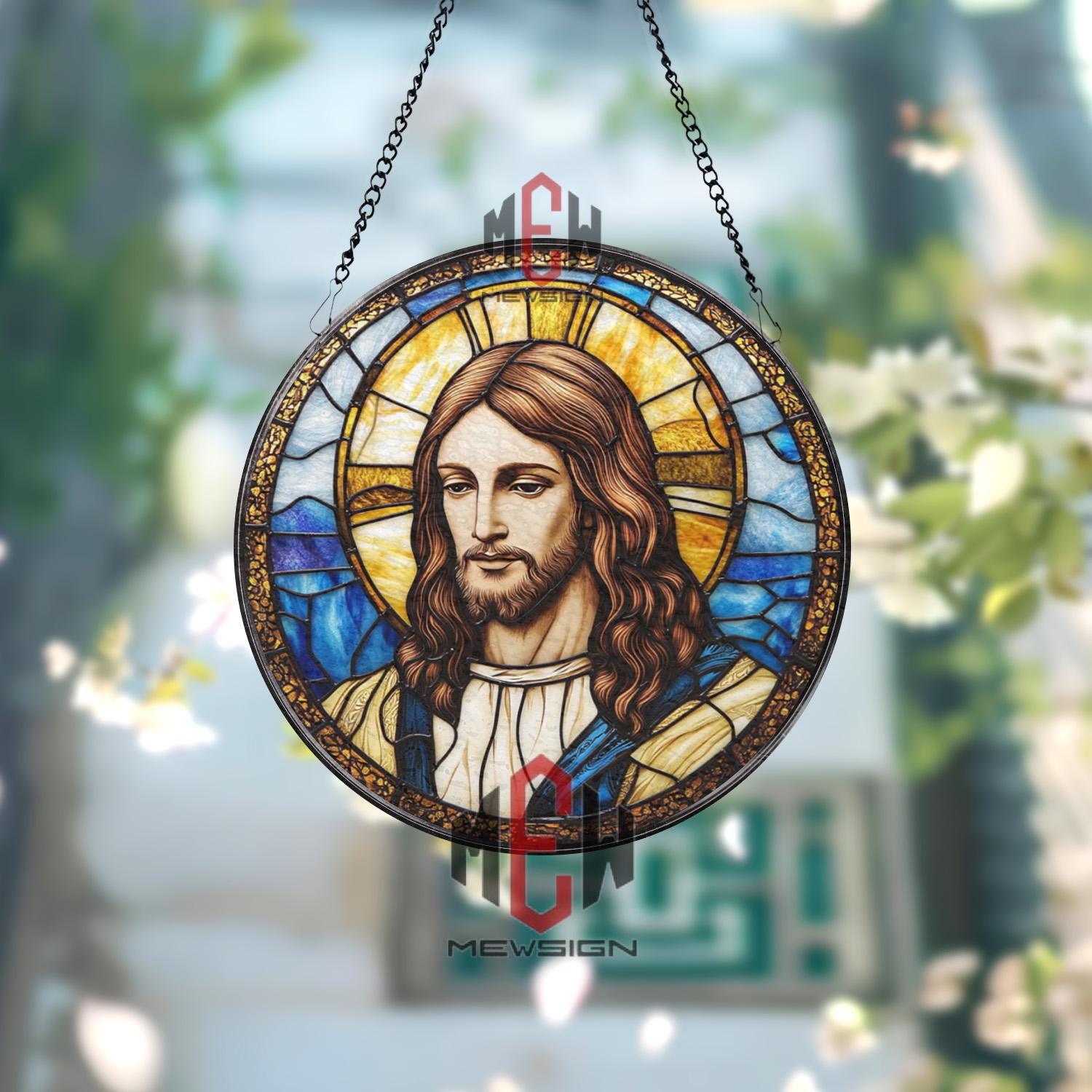 Jesus Christ Stained Glass Suncatcher, Christian Window Hanging Panel ...
