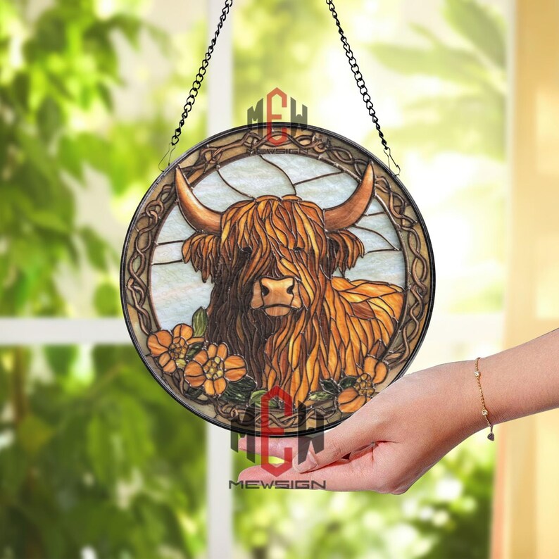 Highland Cow Stained Glass Suncatcher, Rustic Farmhouse Window Decor ...
