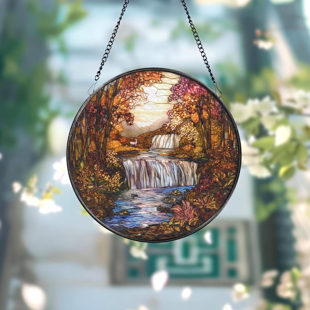 Autumn Waterfall Stained Glass Suncatcher, Fall Forest Scenic Window ...