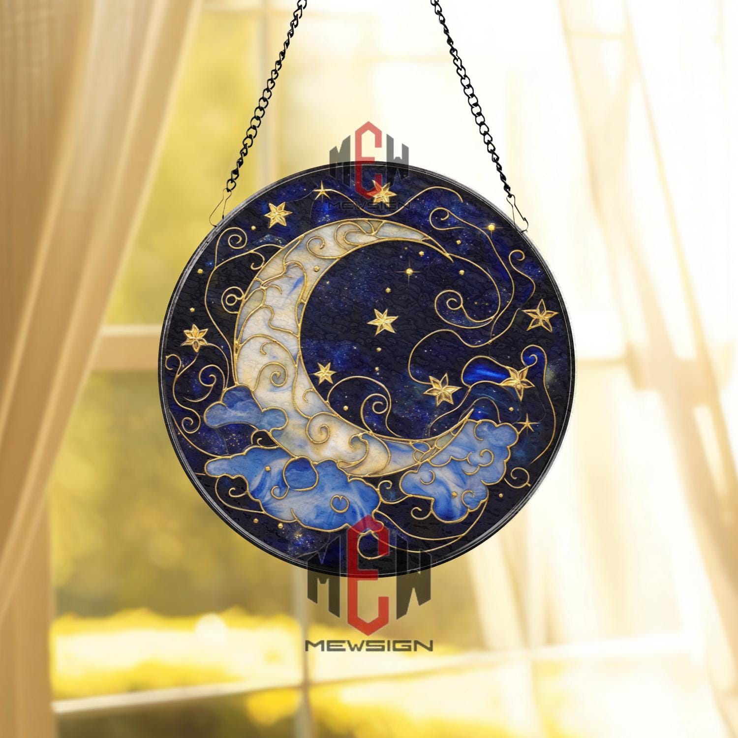 Moon and Stars Stained Glass Suncatcher, Celestial Night Sky Window ...