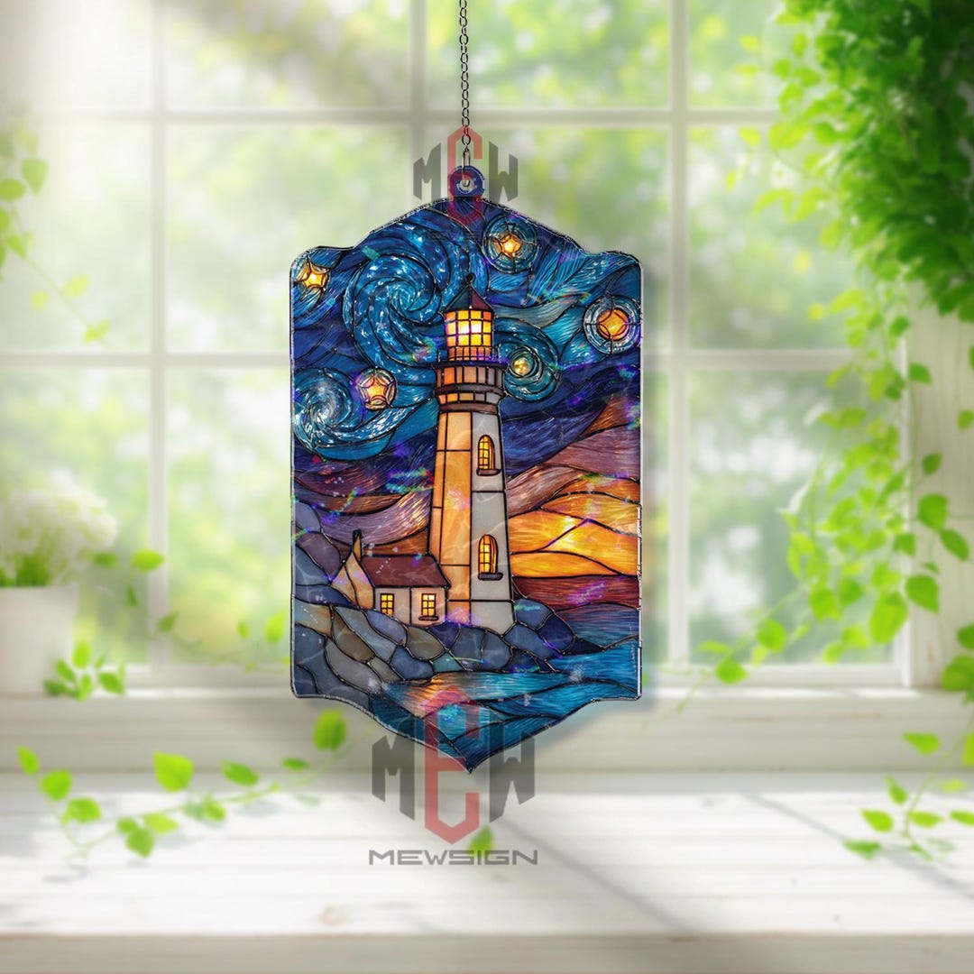 Lighthouse Acrylic Suncatcher, Ocean Sunset Window Hanging, Stained ...