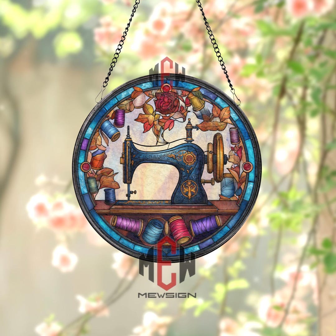 Art Deco Sewing Machine Stained Glass Suncatcher, Jewel Tone Floral ...