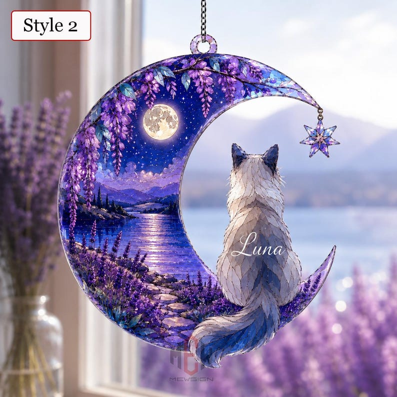 Personalized Cat Acrylic Suncatcher, Moon Cat Stained Glass Style ...