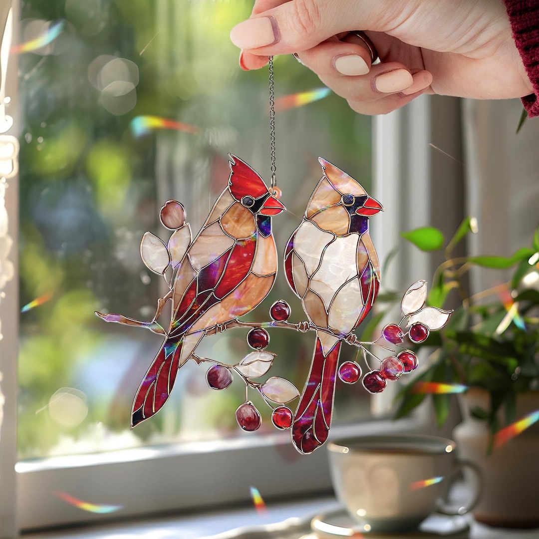 Red Cardinal Pair Stained Glass Faux Suncatcher, Love Birds Window ...