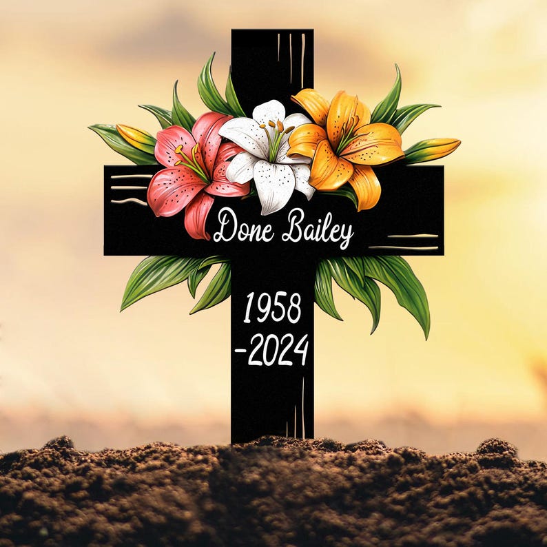 Lily Cross Memorial Garden Stake, Personalized Grave Marker for Loved ...