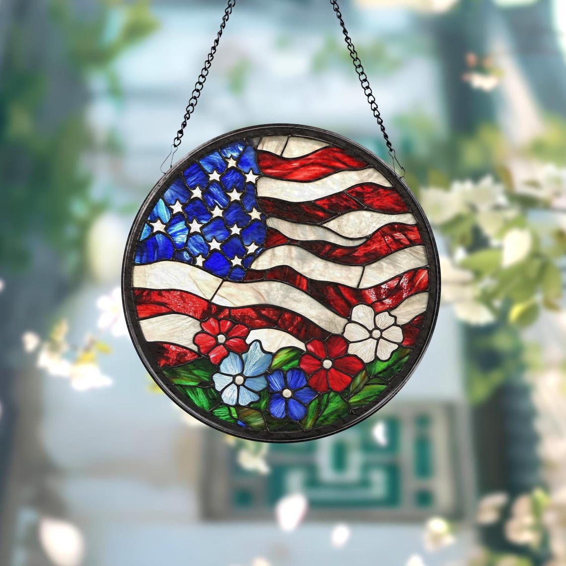 American Flag Stained Glass Suncatcher for Windows, Patriotic Home ...