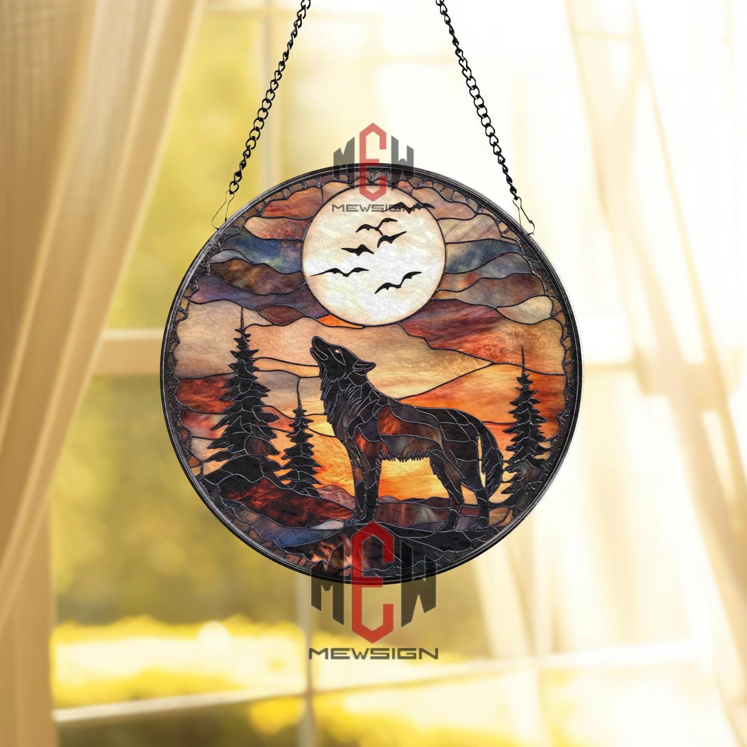 Wolf Howling at Moon Suncatcher, Stained Glass Forest Scene, Wilderness ...