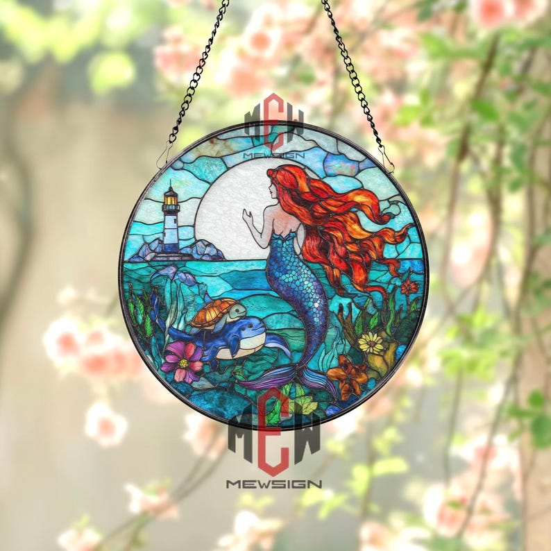 Mermaid Stained Glass Suncatcher, Ocean Fantasy Window Hanging, Round ...