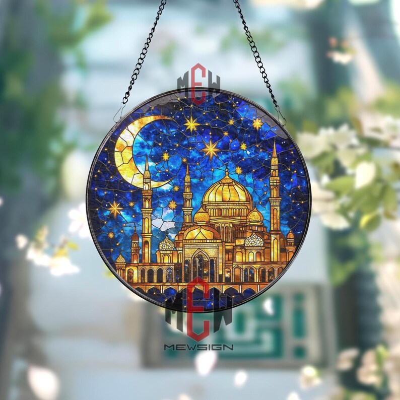 Islamic Mosque Stained Glass Suncatcher, Crescent Moon Ramadan Decor ...