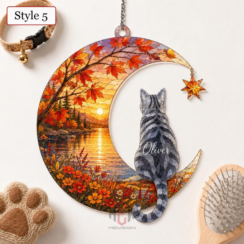 Personalized Cat Acrylic Suncatcher, Moon Cat Stained Glass Style ...