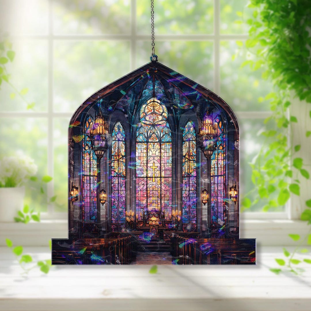 Cathedral Acrylic Suncatcher, Stained Glass Style Church Window Panel ...