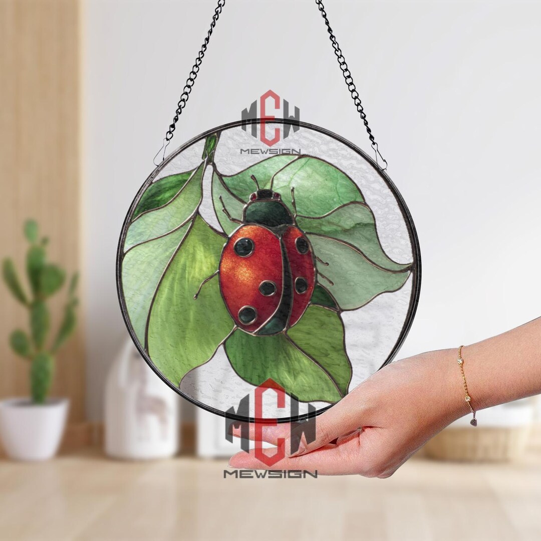 Ladybug Stained Glass Suncatcher, Red and Green Insect Window Panel ...