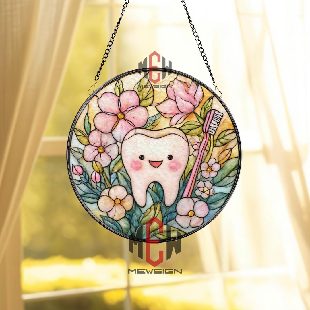 Cute Tooth Stained Glass Suncatcher, Floral Tooth Fairy Window Hanging ...