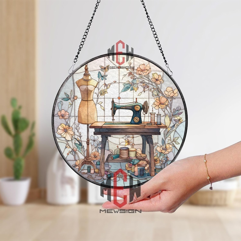 Dressmaker Atelier Stained Glass Suncatcher, Sewing Mannequin Floral ...