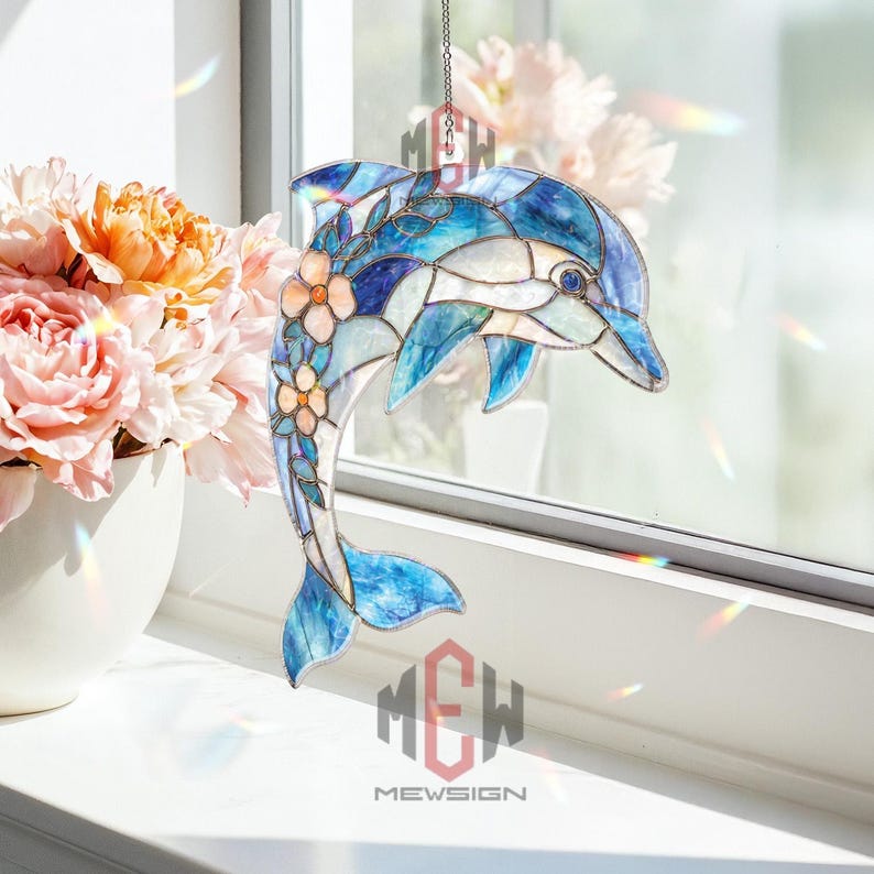 Floral Dolphin Acrylic Suncatcher, Ocean Animal Window Hanging, Coastal ...