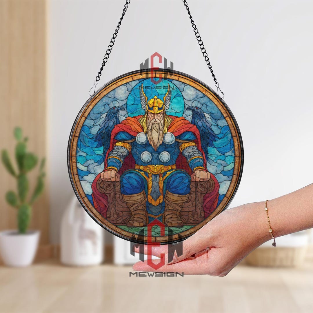 Thor Stained Glass Suncatcher, Norse God Viking Window Decor, Mythology ...
