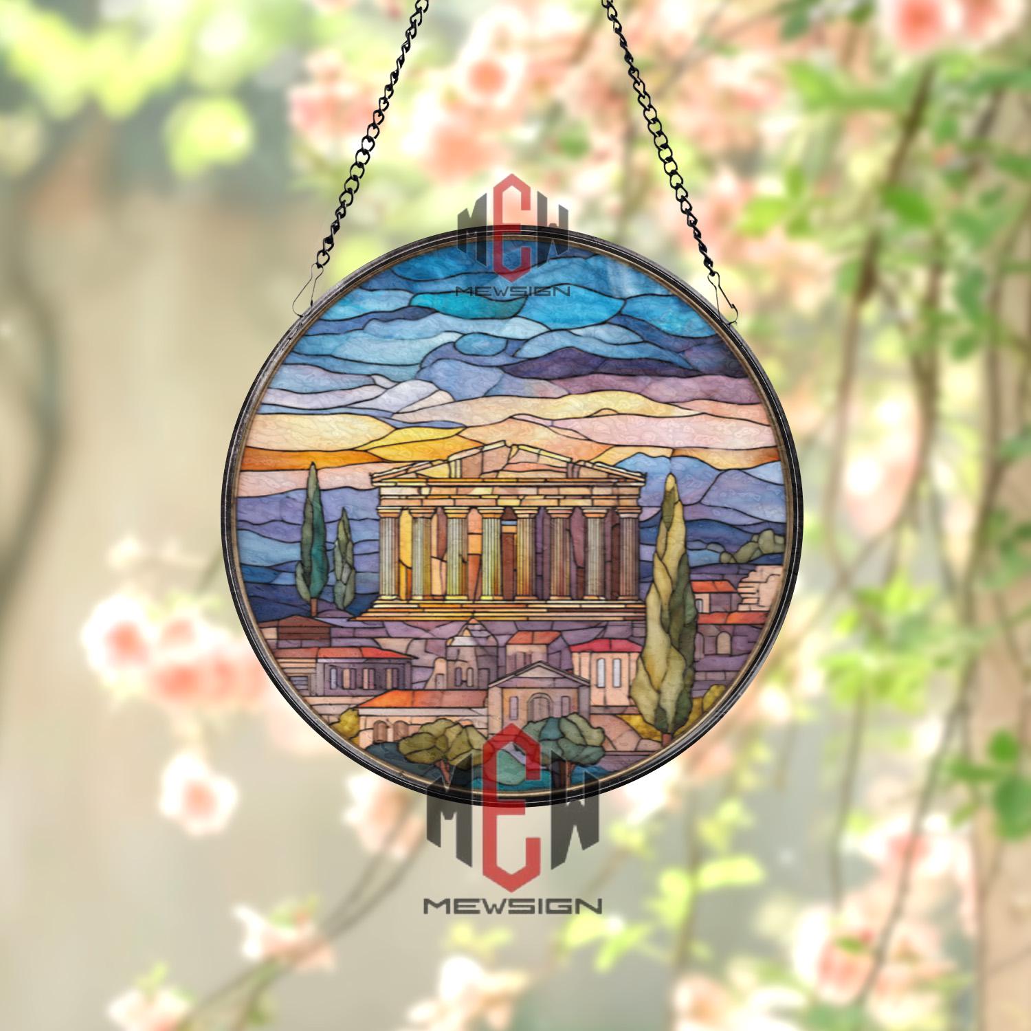 Parthenon Stained Glass Suncatcher, Round Ancient Greek Temple Window ...