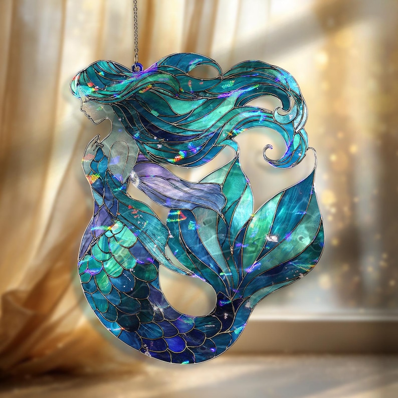 Mermaid Acrylic Suncatcher, Ocean Fantasy Window Hanging With Flowing ...
