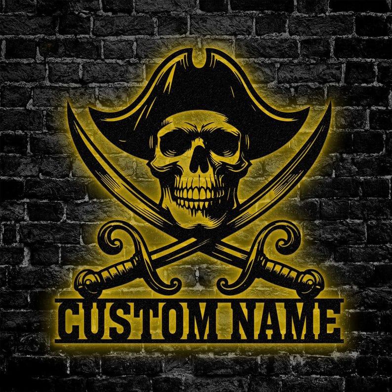 Custom Pirate Skull Metal Wall Art With LED Light, Personalized Pirate ...