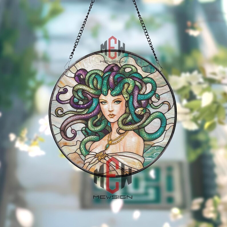 Medusa Stained Glass Suncatcher, Mythical Greek Gorgon Window Art ...