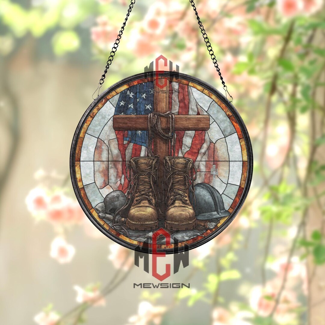 Military Boots Cross Stained Glass Suncatcher, Round Patriotic Window ...