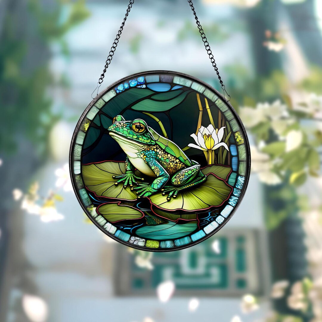 Green Frog Round Stained Glass Suncatcher, Frog Window Hanging Wall ...