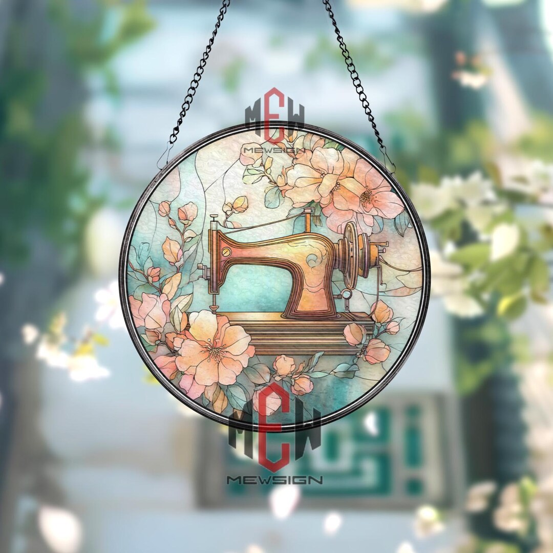 Pastel Floral Sewing Machine Stained Glass Suncatcher, Soft Cottage ...