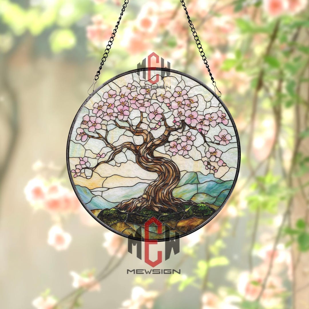 Cherry Blossom Tree Stained Glass Suncatcher, Sakura Window Hanging ...