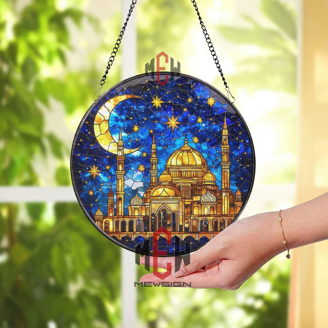 Islamic Mosque Stained Glass Suncatcher, Crescent Moon Ramadan Decor ...