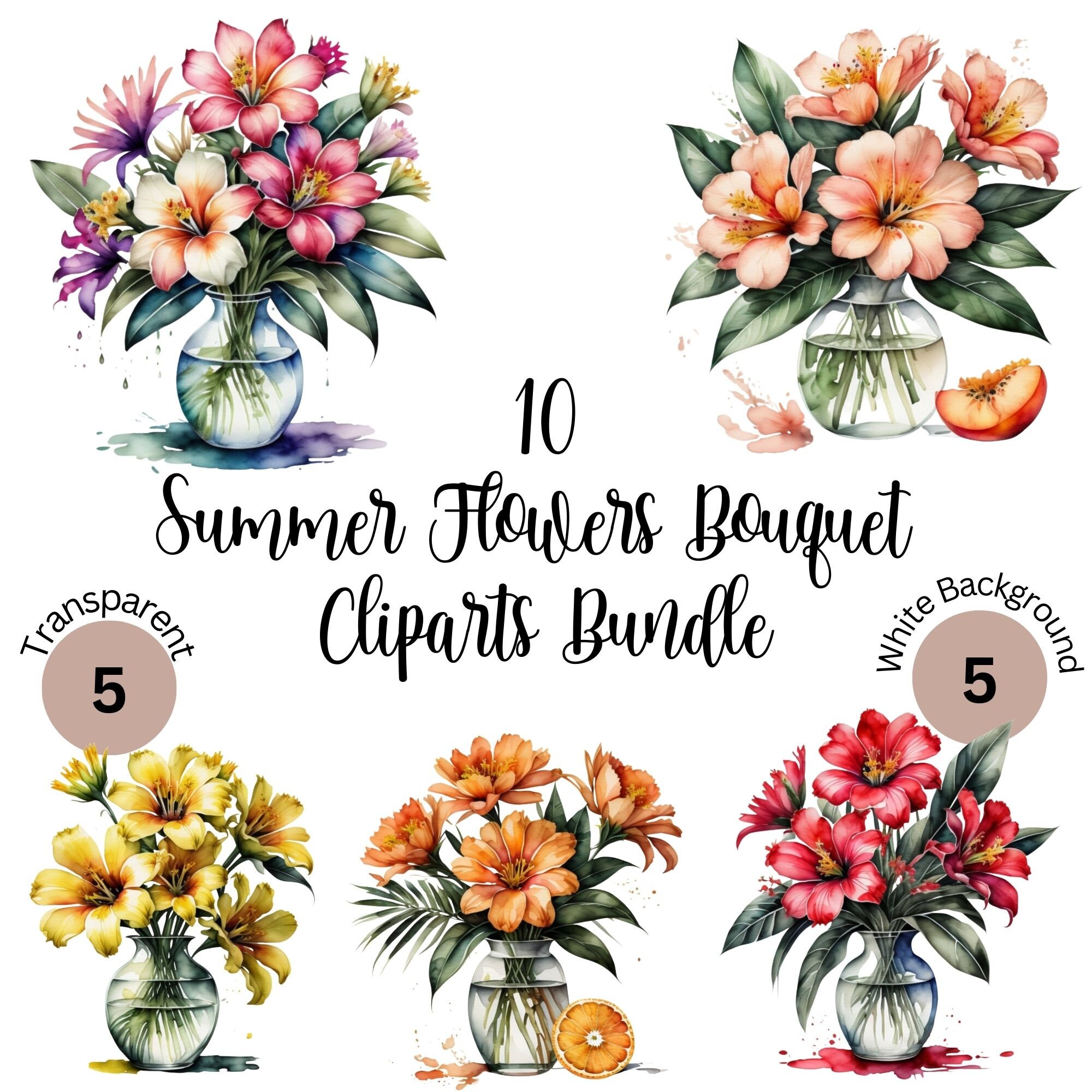 Watercolor Summer Flowers Clipart Floral Bouquet Png and Jpg Summer ...