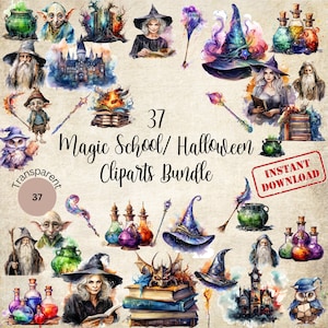 Watercolor Magic School Clip Art Bundle Magic Wand, Witches and Wizards ...