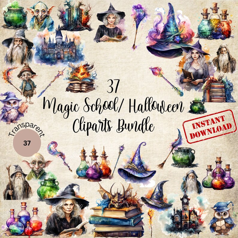 Watercolor Magic School Clip Art Bundle Magic Wand, Witches and Wizards ...