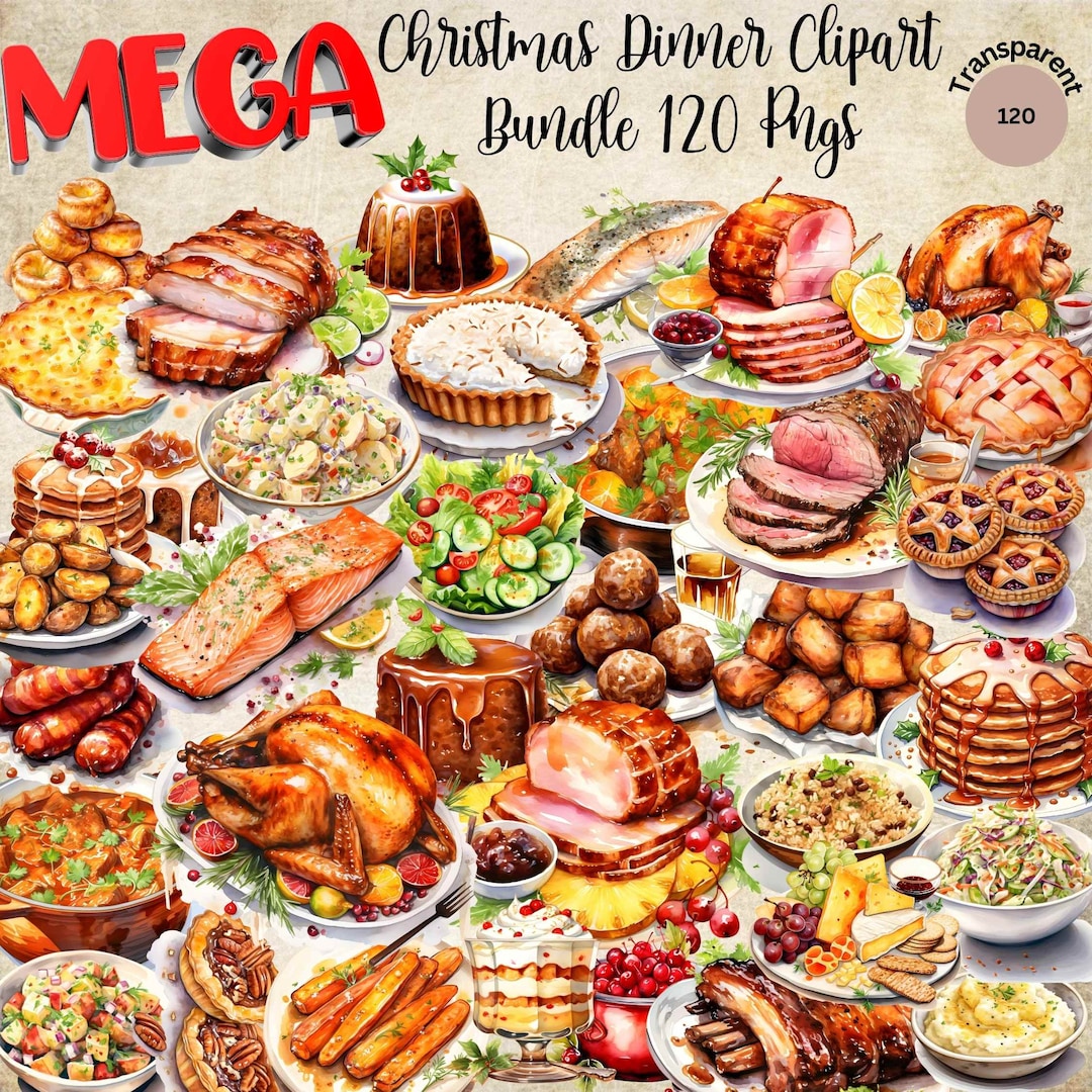 120 Watercolor Christmas Food Clipart Bundle, Dinner Clipart, Christmas ...