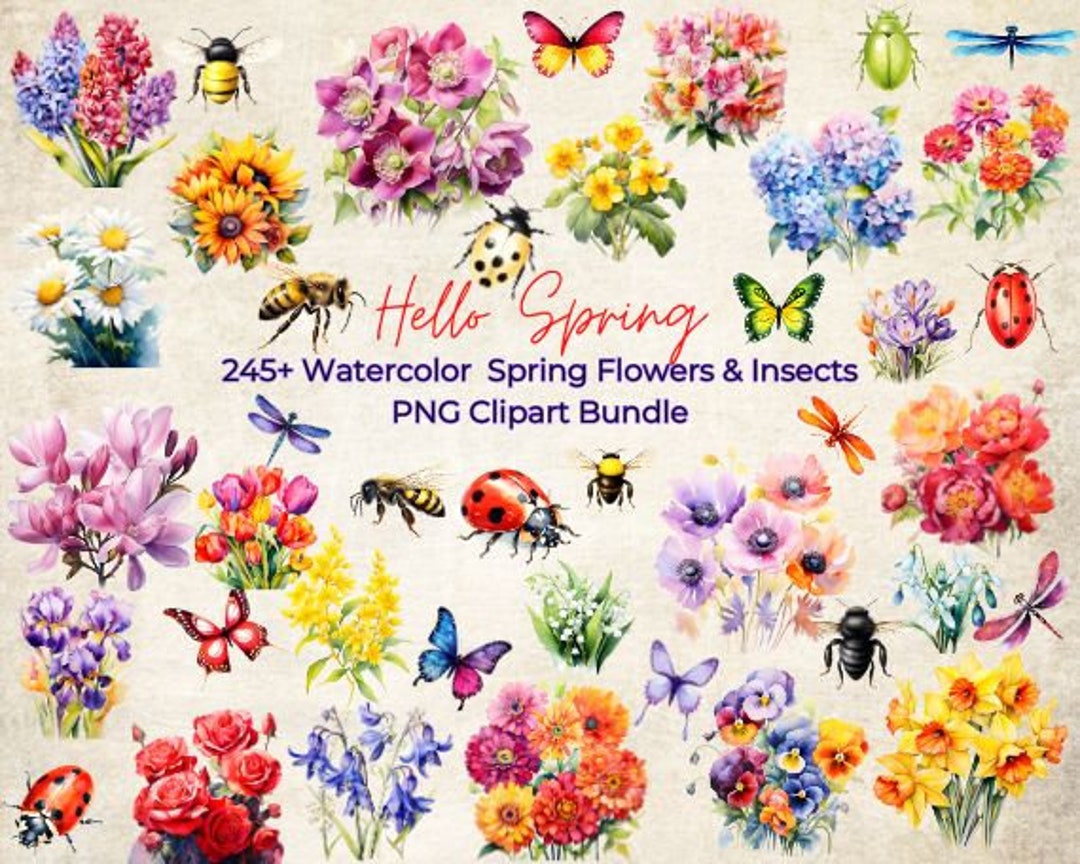 245 SPRING FLOWERS & INSECTS Clipart, Butterflies, Bees, Dragon Flies ...
