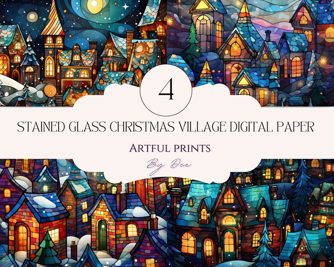 Stained Glass Christmas Village Digital Paper Christmas Decor Christmas ...