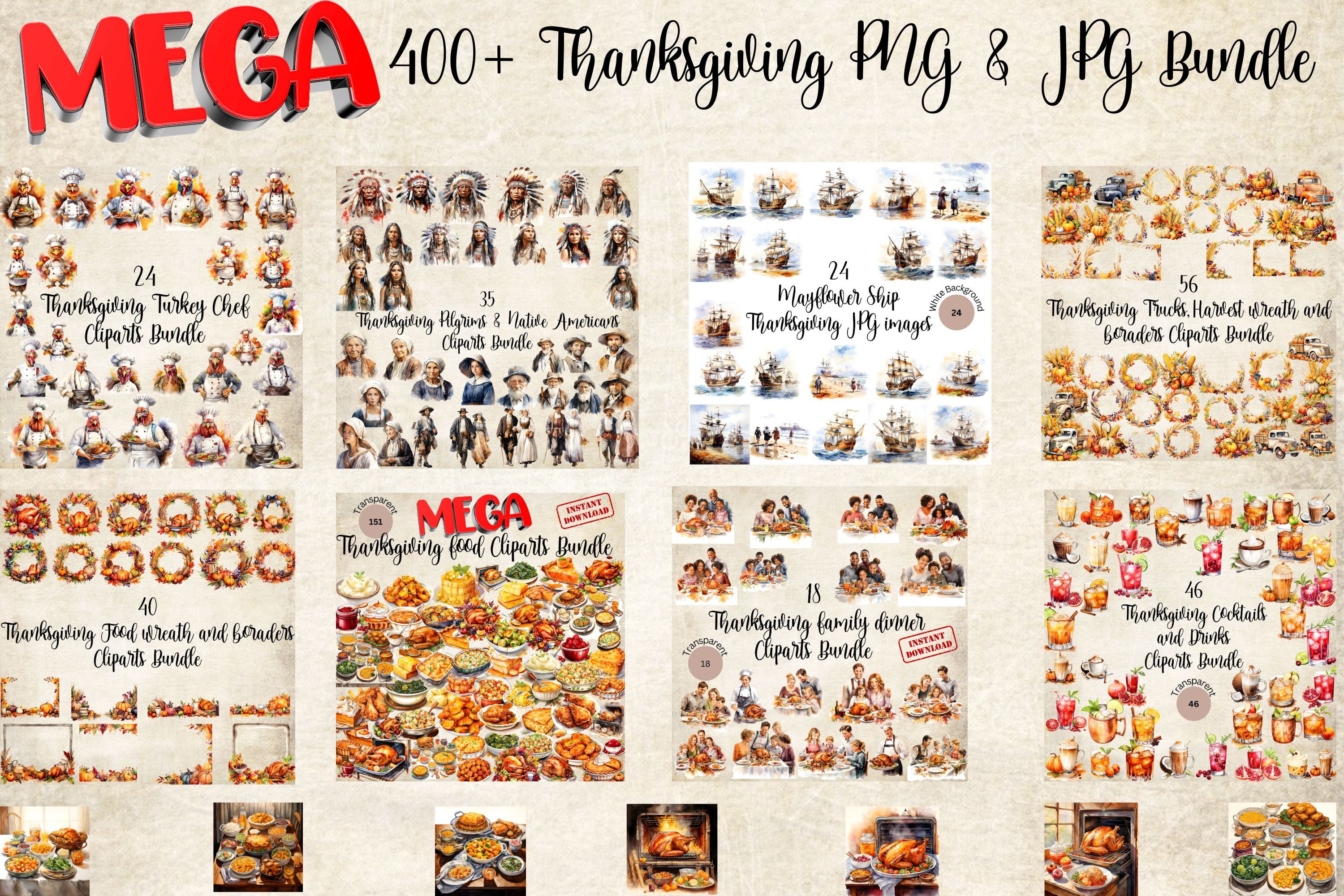 Thanksgiving Clipart Mega Bundle Holiday Meal Illustrations ...