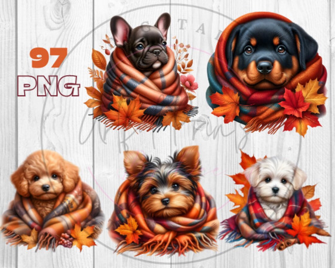 Whimsical Autumn Cute Dogs and Puppies Clipart, Watercolor Clipart ...