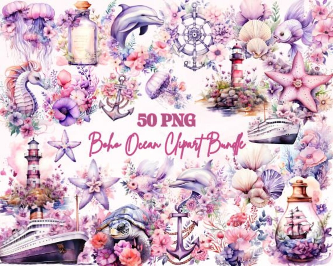 Watercolor Nautical Collection Clipart, Boho Ocean Clipart, Summer PNG ...