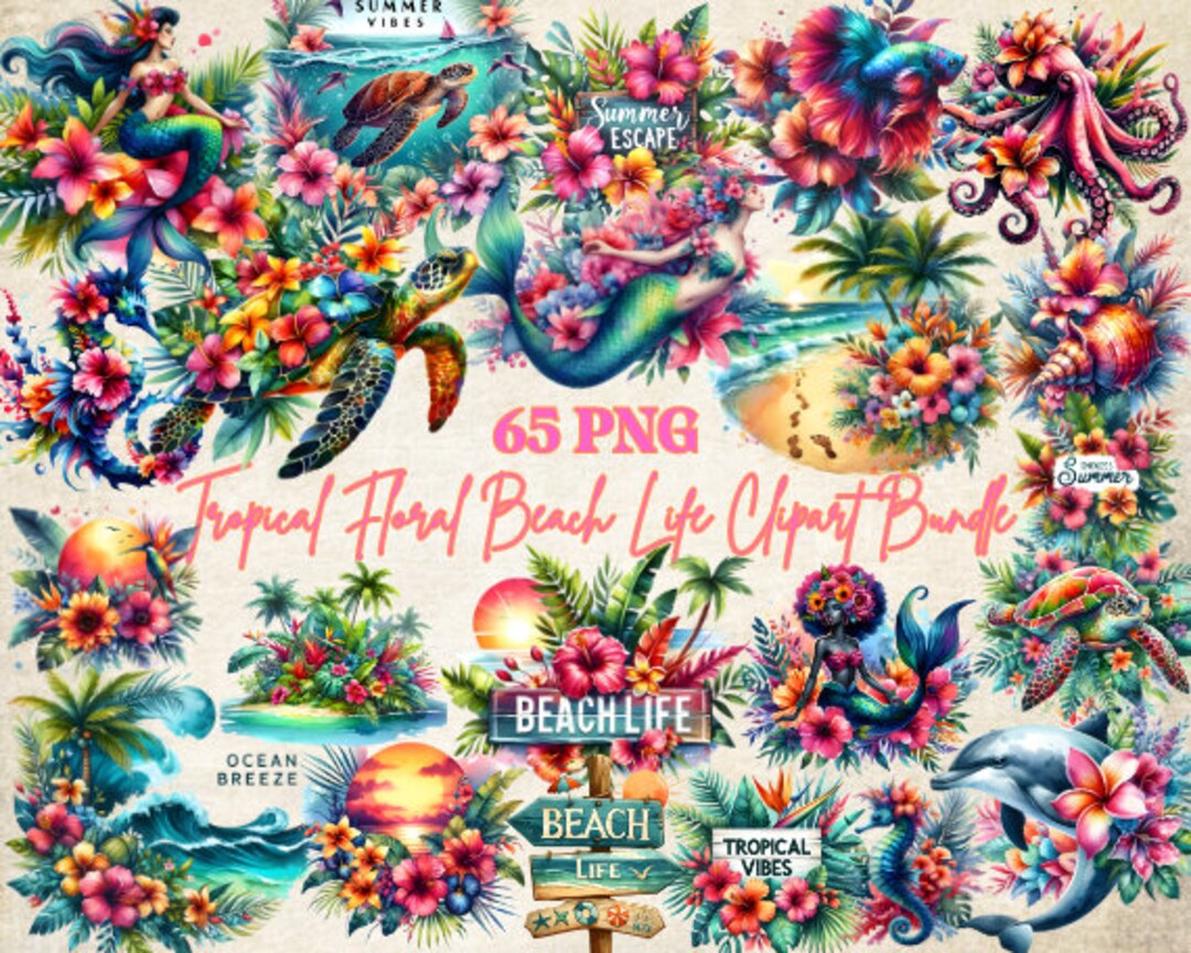 Tropical Summer Beach Life Clipart Bundle, Sea Life, Tropical Floral ...