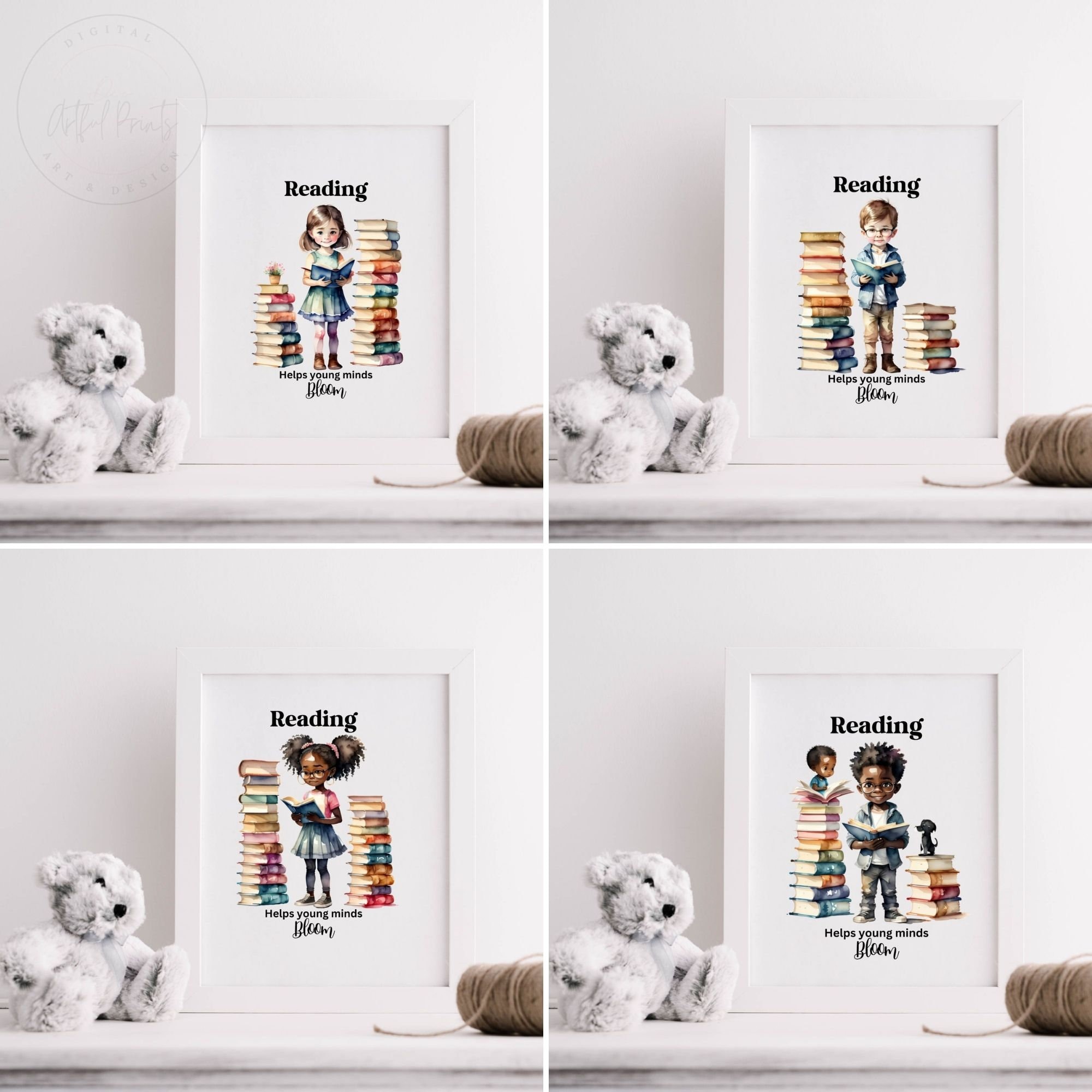 Watercolor Kids Reading Clip Art PNG Bundle 300dpi Kids Book Clipart ...