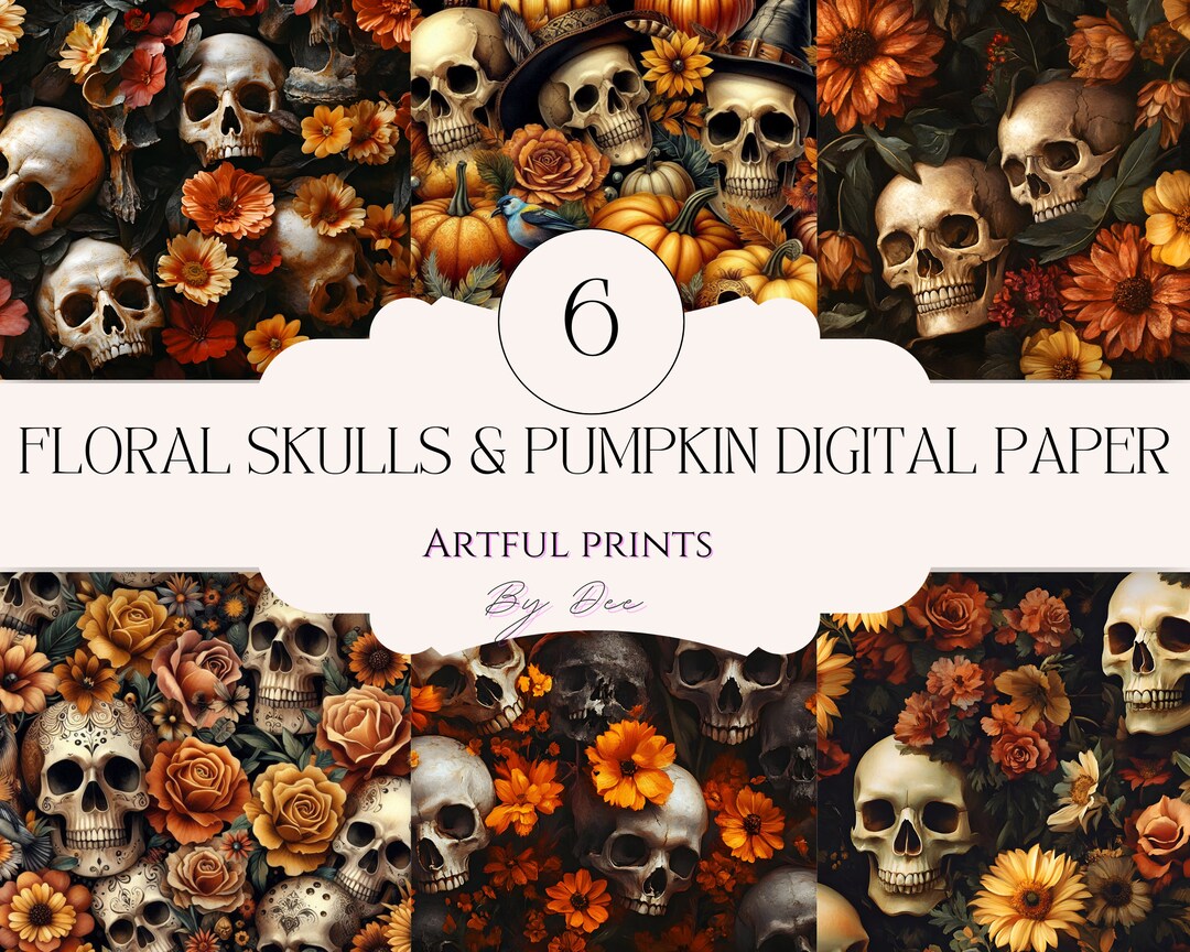 Floral Skulls and Pumpkin Digital Papers, Halloween Themed Digital ...