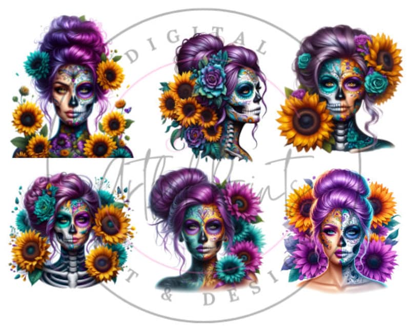 Woman Sugar Skull PNG Bundle, Sugar Skull Clip Art, Day of the Dead ...