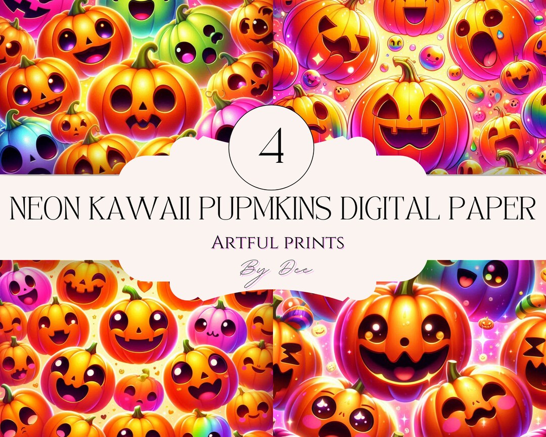 Neon Kawaii Pumpkin Digital Papers, Cute Halloween Themed Digital Paper ...