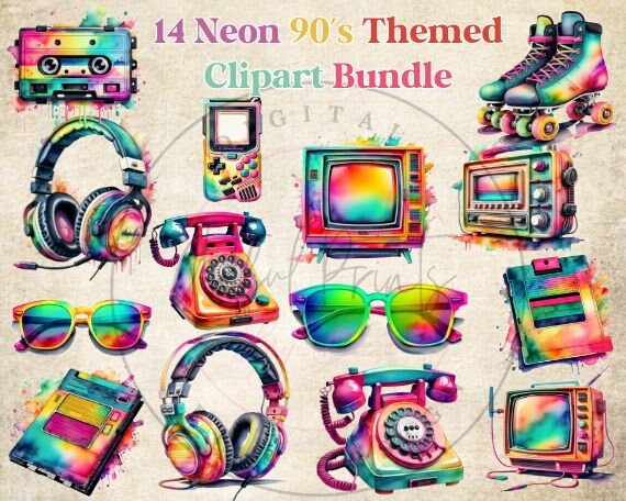90s Neon Retro Clipart, 90s Png, 90s Clipart, Cassette Tapes, Roller ...
