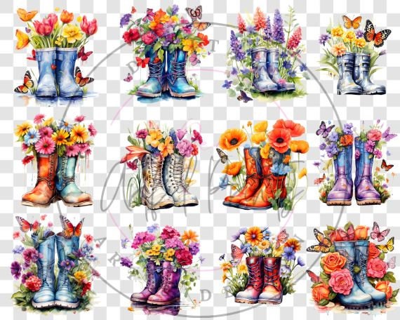 Watercolor Garden Boots Clipart Bundle, Hello Spring Png, Garden ...