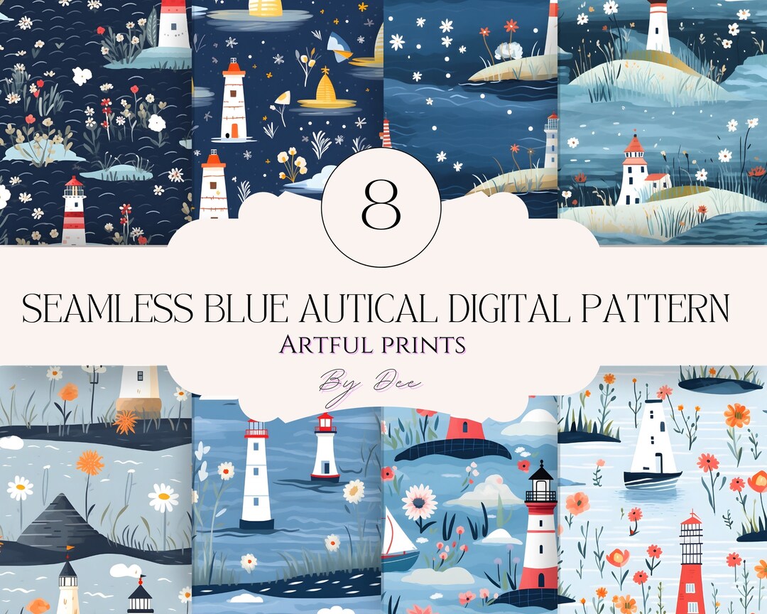 SEAMLESS Blue Nautical Theme Digital Pattern Light Houses and Sail ...