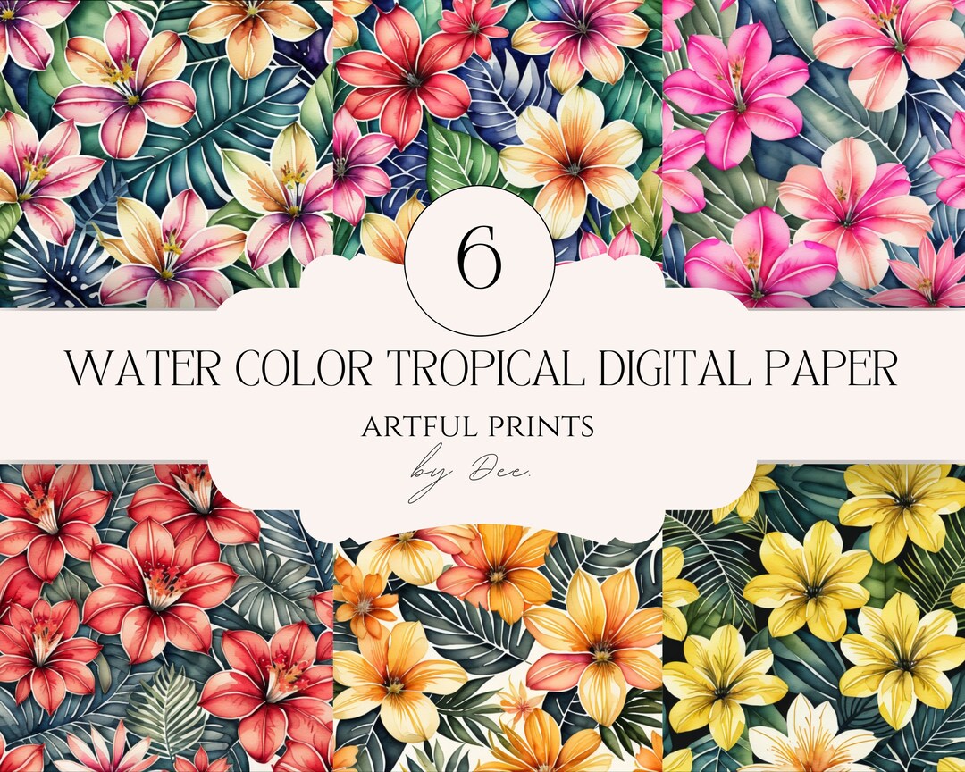 Watercolor Bright Tropical Floral Digital Paper Tropical Flower Digital ...