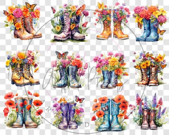 Watercolor Garden Boots Clipart Bundle, Hello Spring Png, Garden ...