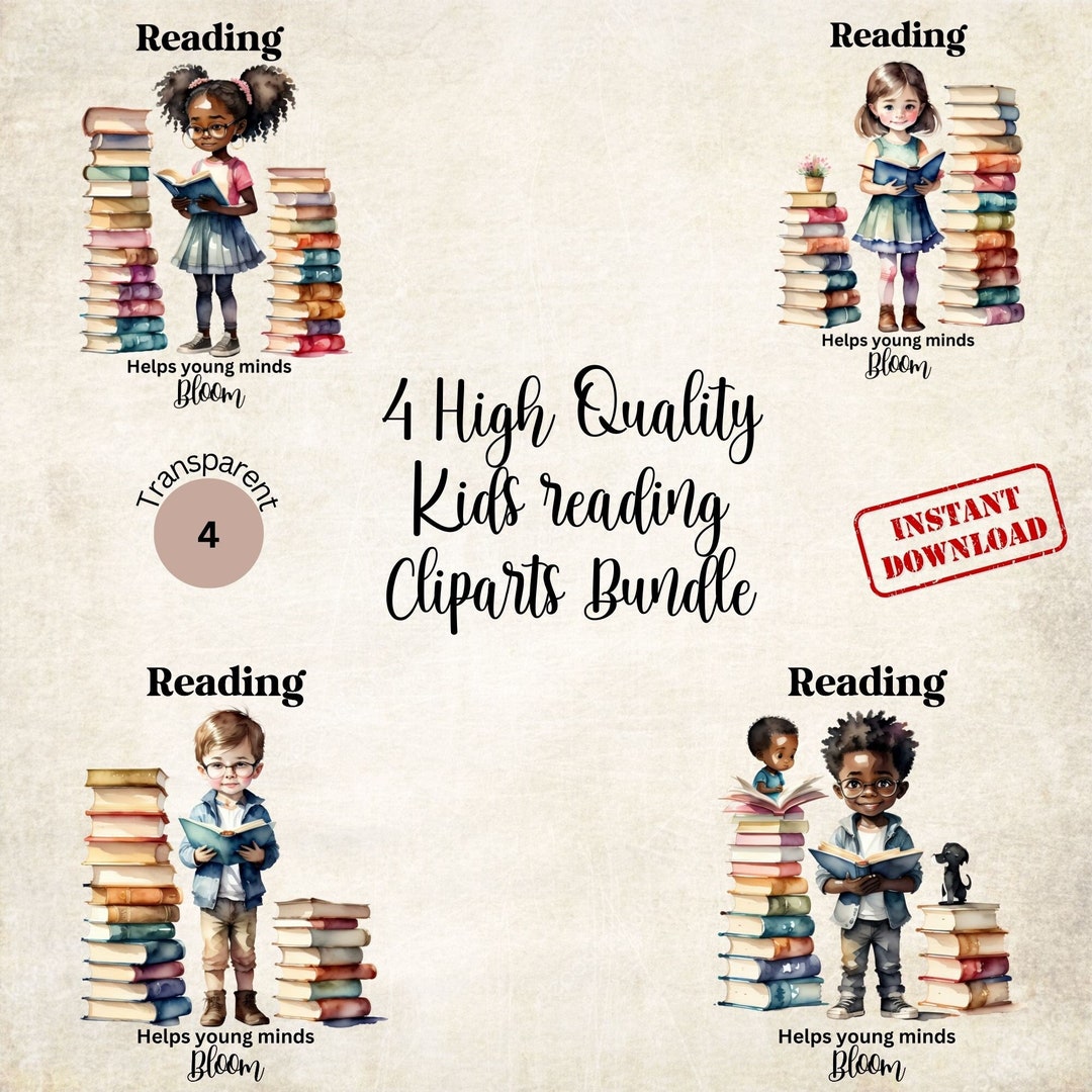 Watercolor Kids Reading Clip Art PNG Bundle 300dpi| Kids Book Clipart ...