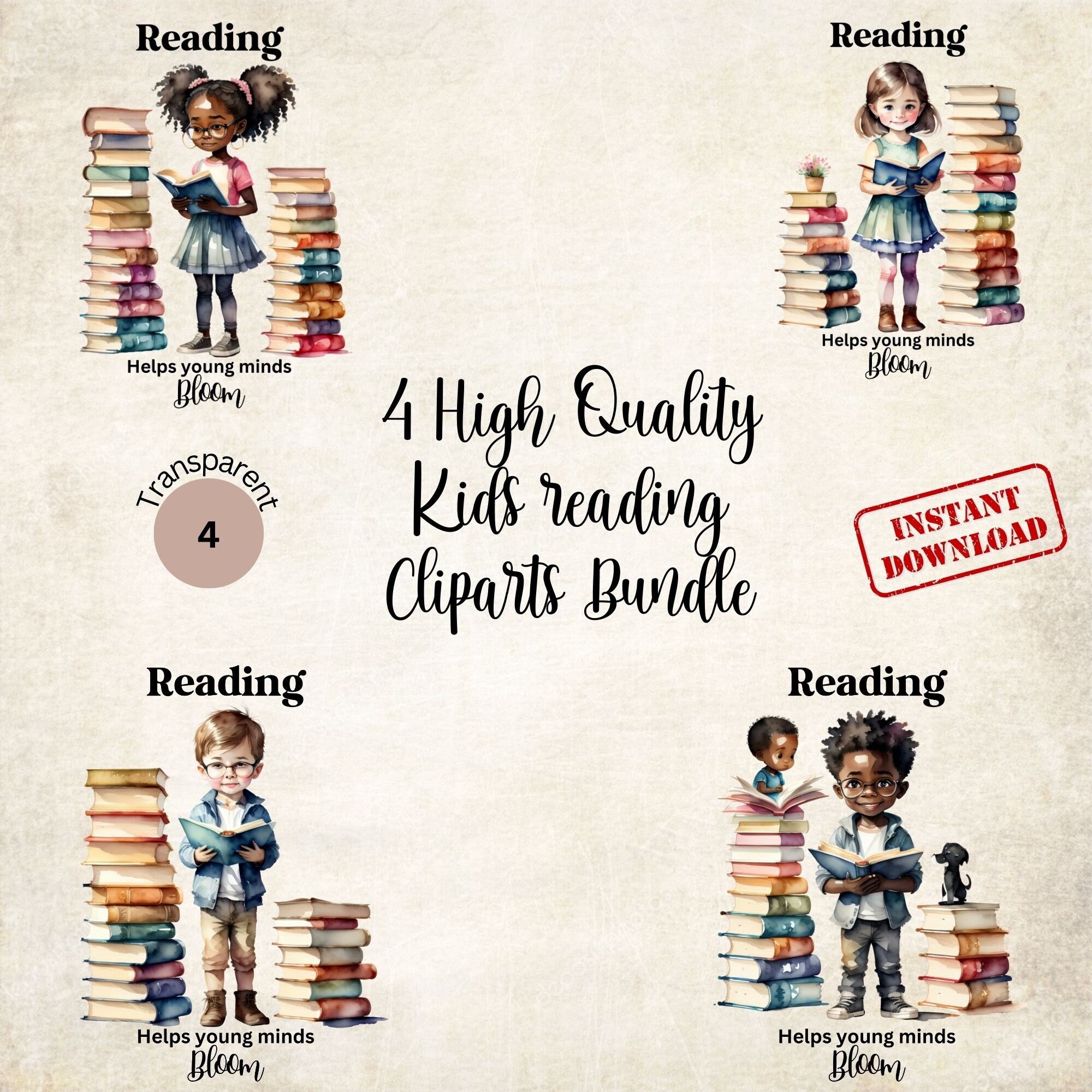 Watercolor Kids Reading Clip Art PNG Bundle 300dpi| Kids Book Clipart ...
